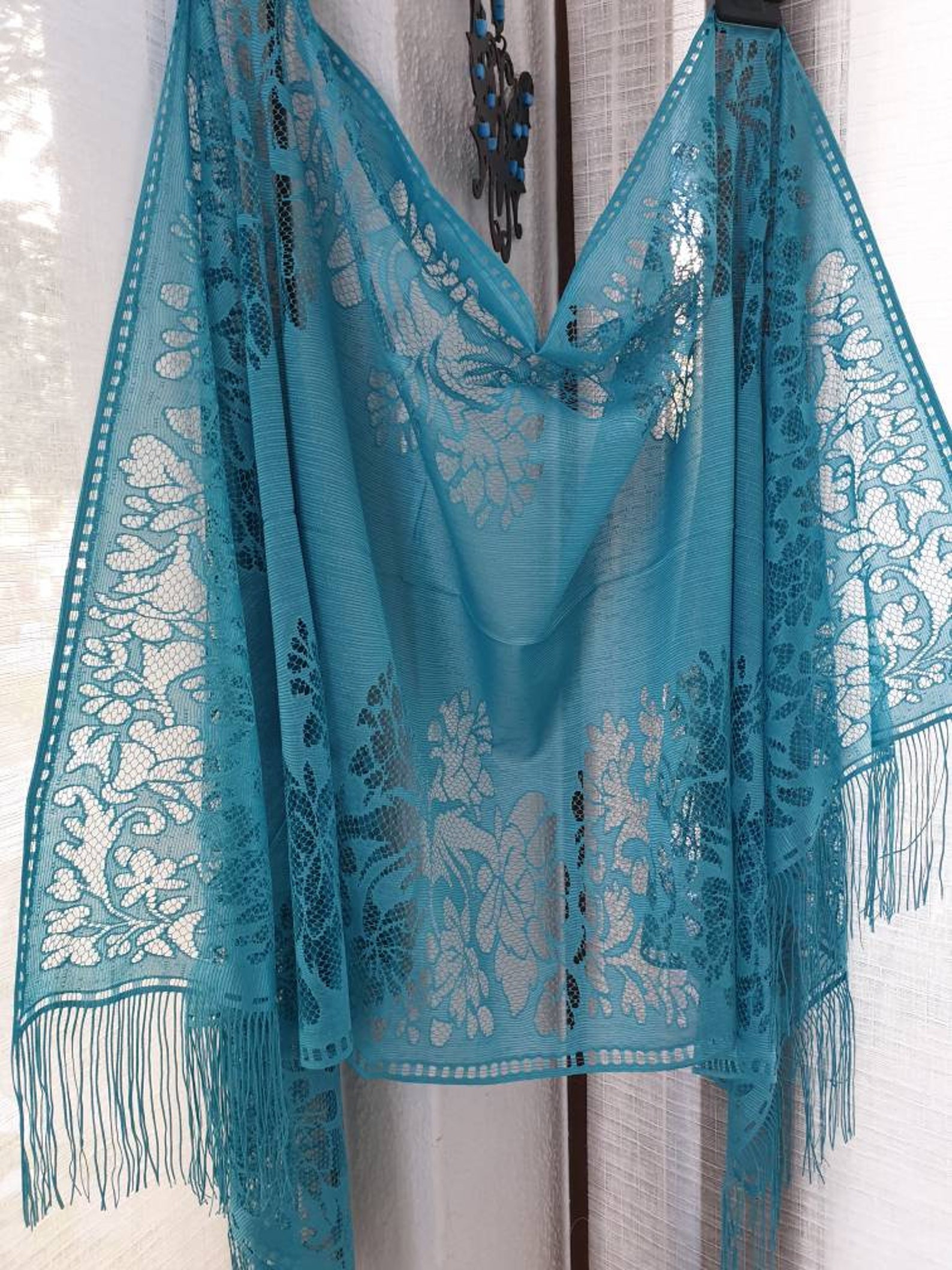 Turquoise tulle lace tassel wedding shawls. bridesmaids | Etsy