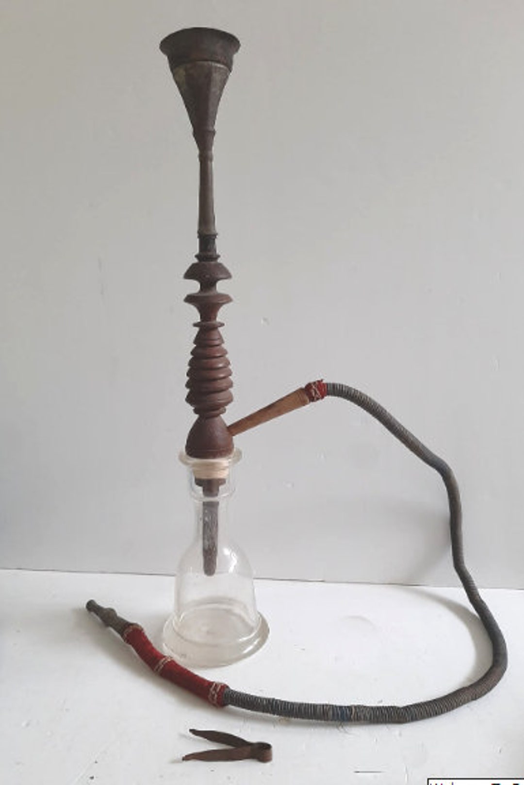 Vintage 1930-1940 Islamic Brass, Wood and Glass Hookah Nargila, Woven ...
