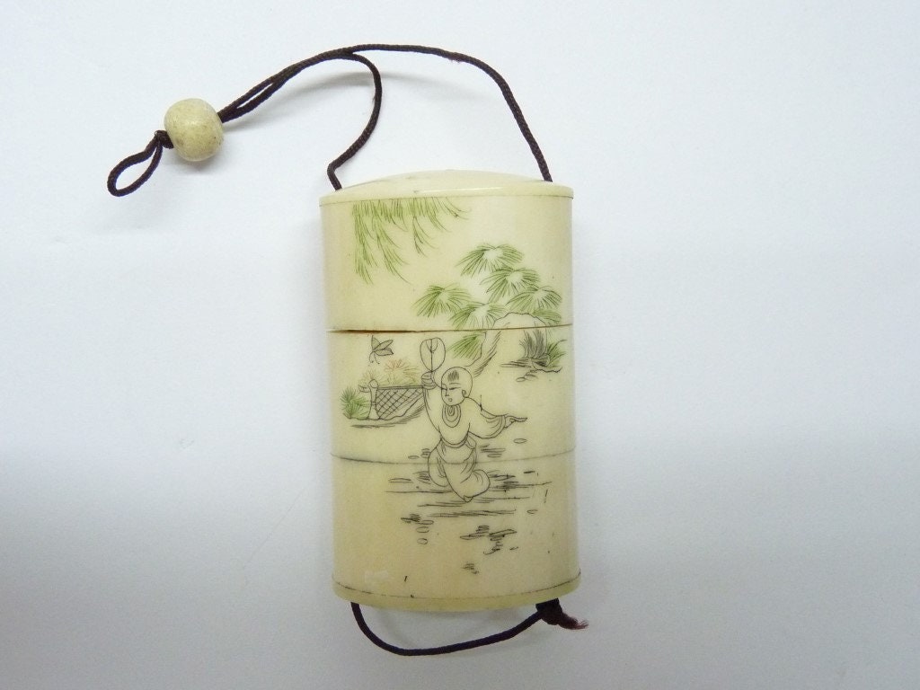 Vintage Early 20C Japanese Hand-carved Cattle Bone Inro W/ Ojime, Hand ...