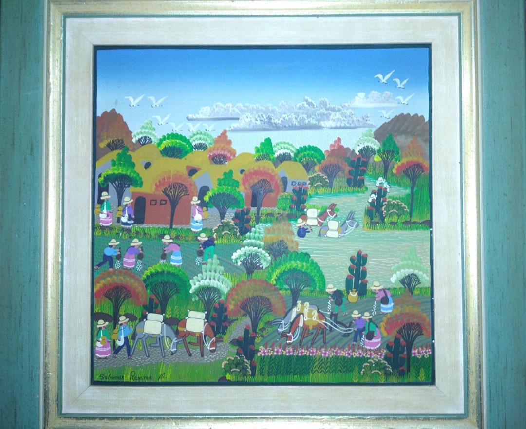 Vintage Folk Art Oil Painting, South American Artist Salomon Ramirez ...