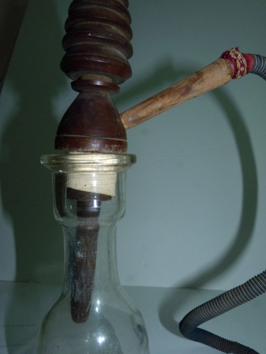 Vintage 1930-1940 Islamic Brass, Wood and Glass Hookah Nargila, Woven ...