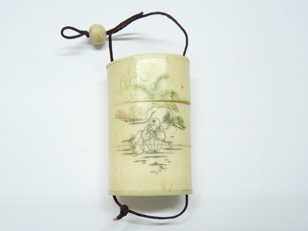 Vintage Early 20C Japanese Hand-carved Cattle Bone Inro W/ Ojime, Hand ...