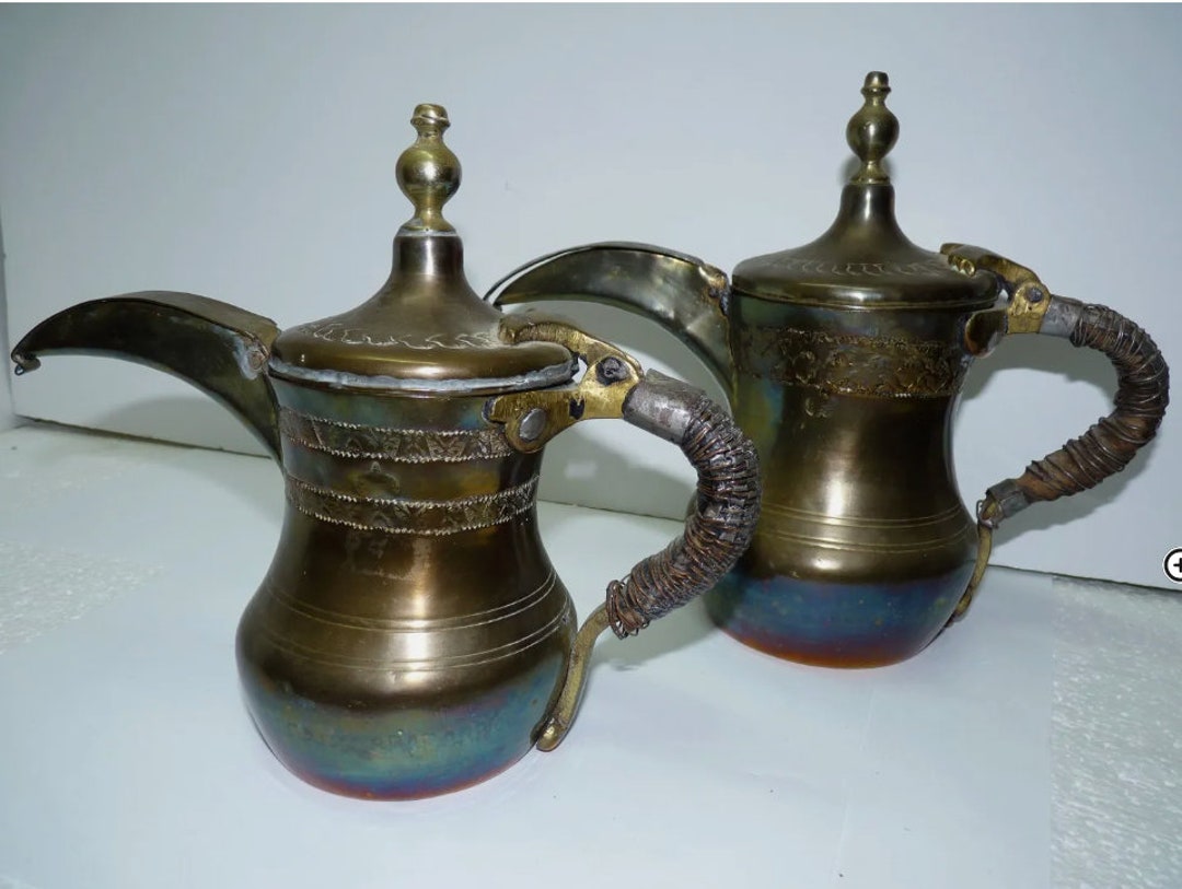 Pair Antique 19C Islamic Crown Mark Brass Bedouin Dallah Coffee Pots ...