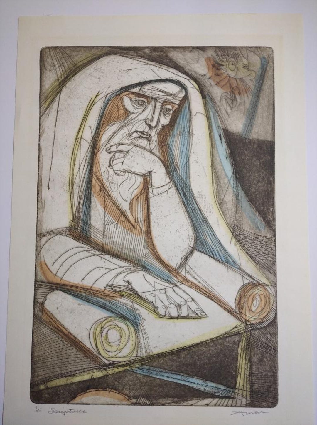 Irving Amen, American 20C, Colored Etching Judaica, "scriptures ...