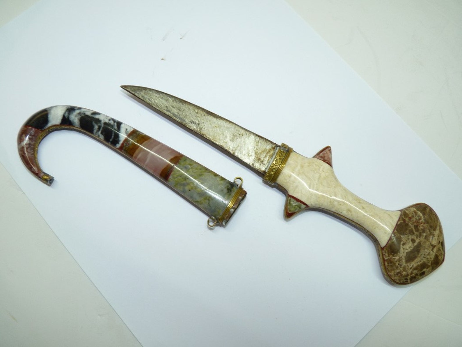 Antique Islamic Moroccan Koummya Dagger With Marble and Brass Sheath, L ...