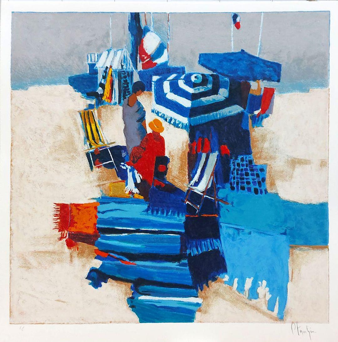 Claude Fauchere, Family at the Beach, Signed Numbered Colored Serigraph ...