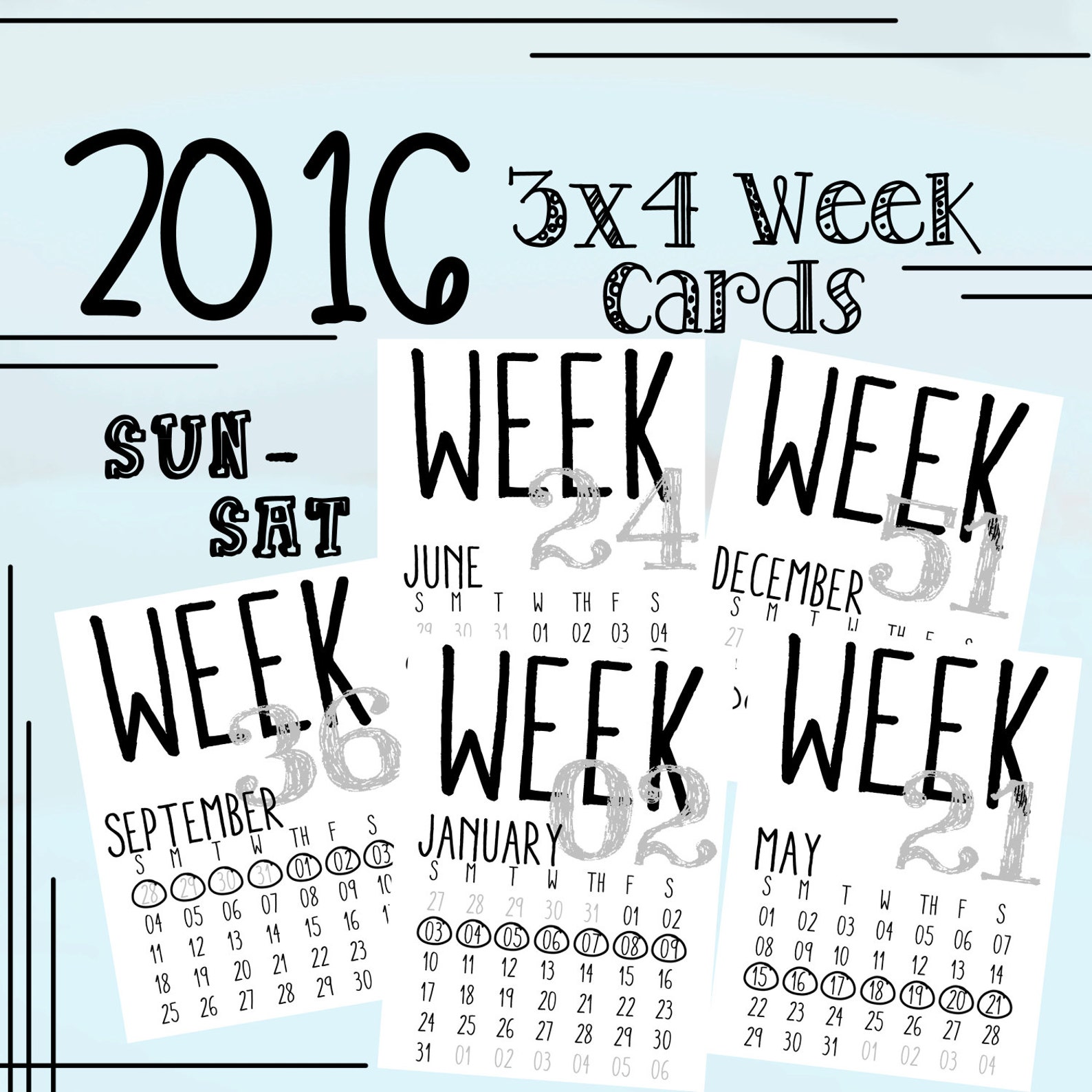 Printable 2016 Numbered Week Cards With Monthly Calendar, Sunday to ...