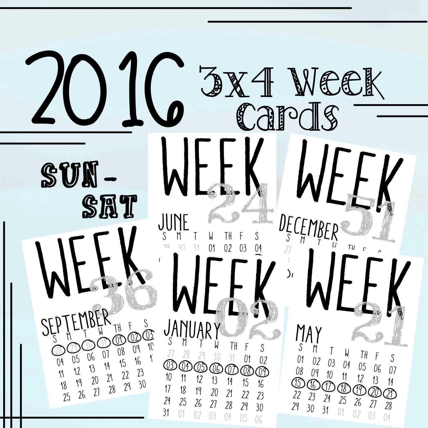 Printable 2016 Numbered Week Cards With Monthly Calendar, Sunday to ...