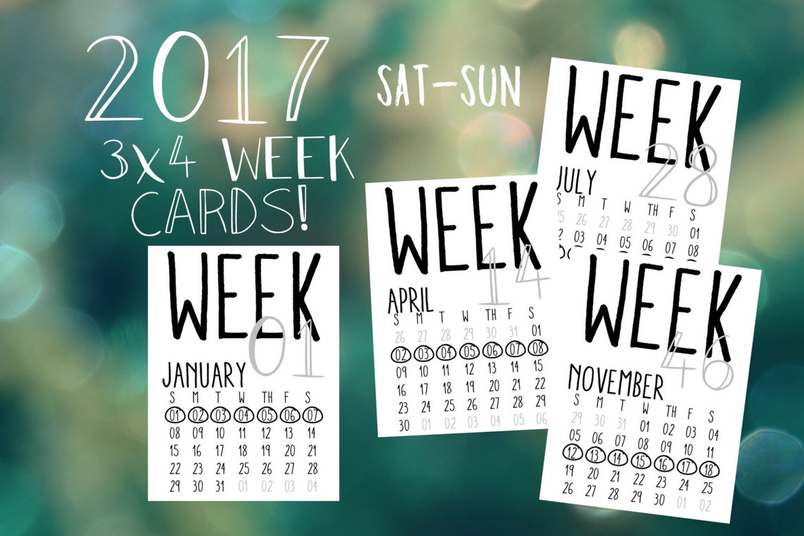 2017 Printable & Digital Numbered Week Cards With Monthly Calendar ...