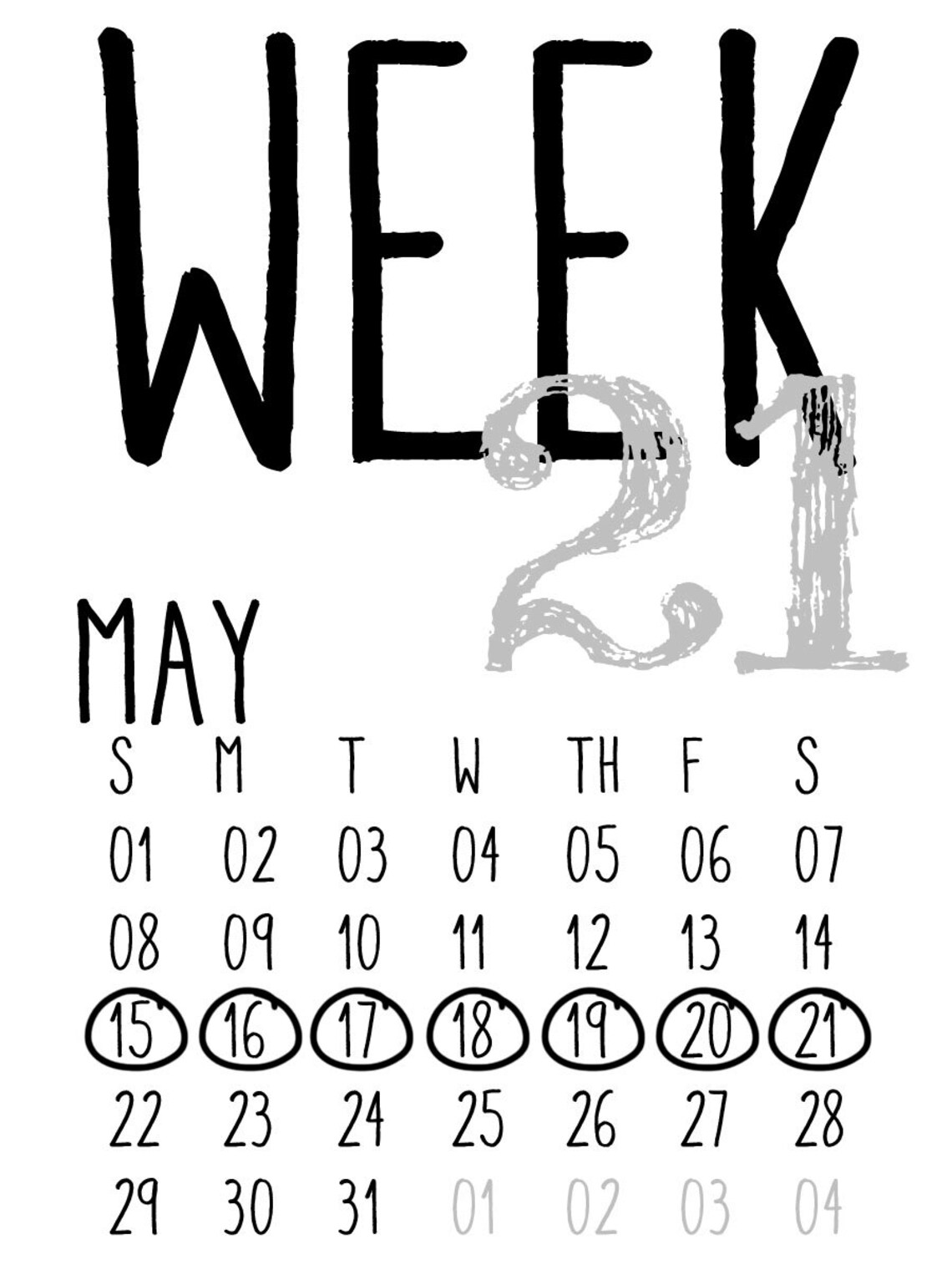 Printable 2016 Numbered Week Cards With Monthly Calendar, Sunday to ...