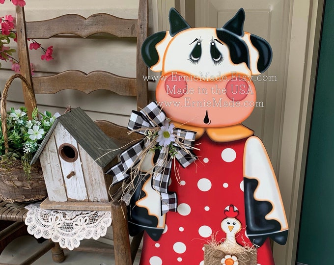 Farmhouse Cow Decoration for Entryway, Wooden Cow With Stand, Country ...