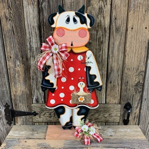 Farmhouse Cow Decoration for Entryway, Wooden Cow With Stand, Country ...