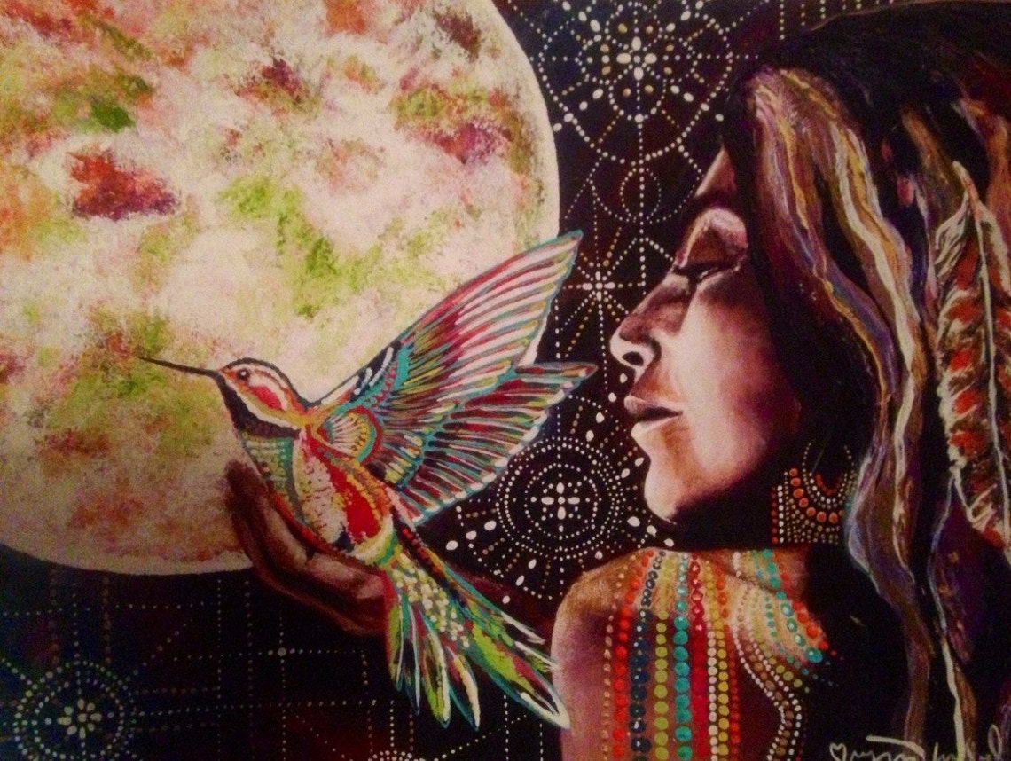 Humming Bird Owl Feather Full Moon Goddess Art by Isabel Bryna - Etsy