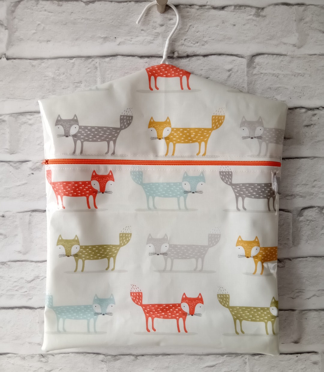 Handmade Foxy Fox Oilcloth Peg Bag With Hanger & Zip Cream Green Blue ...