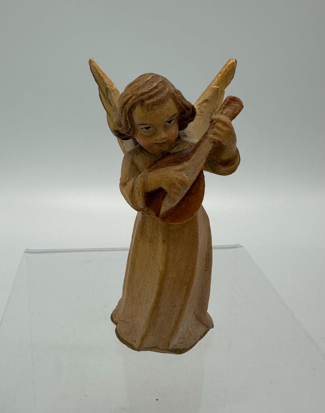 Vtg 3” Hand Carved/painted Wood Angel Figurine W/mandolin Depose Italy ...