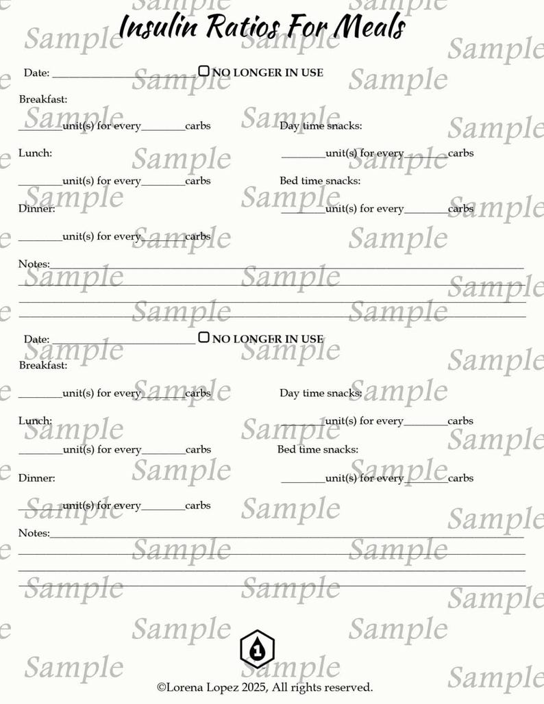 Insulin Ratios for Meals Sheet | T1D Printable PDF | Diabetes Meal ...
