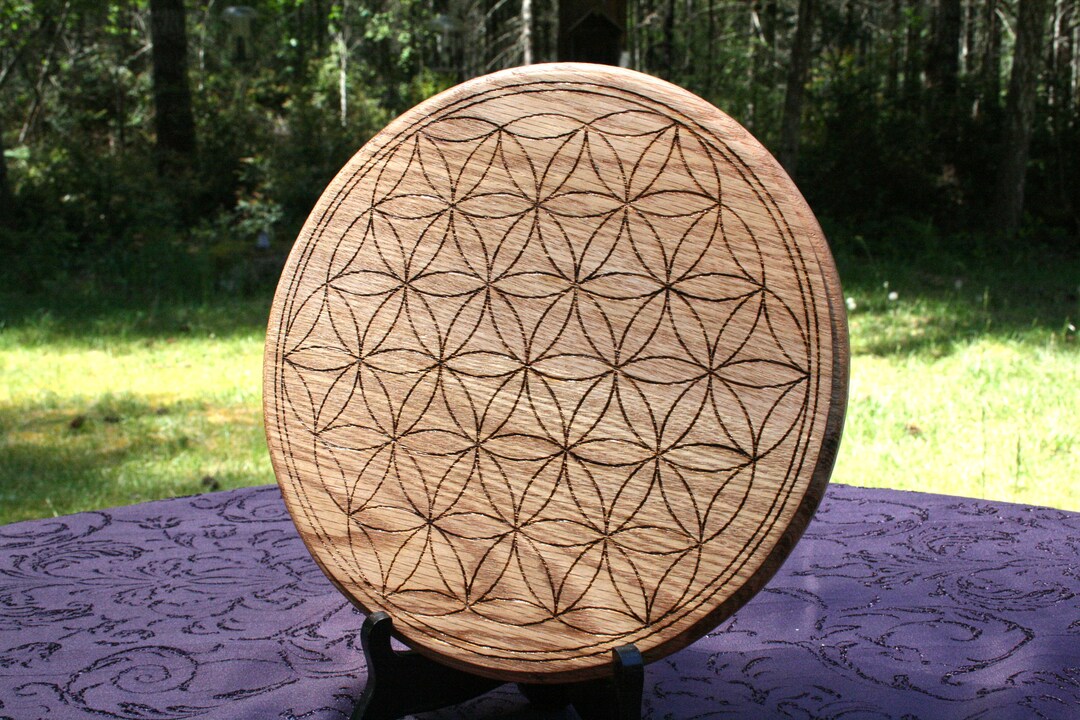 9" Solid Wood, Engraved Crystal Grid, Flower of Life, Sacred Geometry ...
