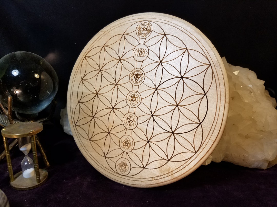 9" Solid Wood, Engraved Crystal Grid, Chakras, Flower of Life, Sacred ...