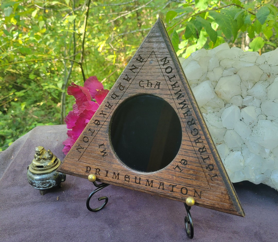9" Triangle of Art - Engraved/stained Oak With Obsidian Scrying Mirror ...