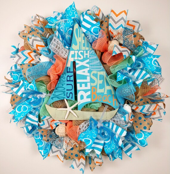 Beach Mesh Wreath With a Sailboat and Starfish Summer Front - Etsy