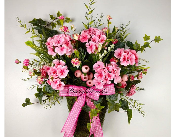 Pink Geranium Floral Basket Door Hanger, Summer Wreath Basket for Your ...
