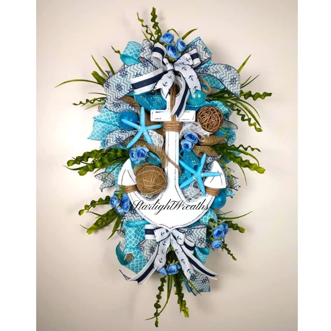 White Anchor Mesh Swag Wreath With Starfish and Florals, Beach Swag ...