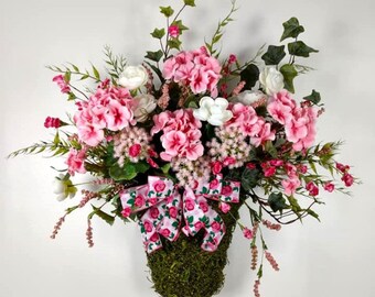 Pink Geranium Floral Basket Door Hanger, Summer Wreath Basket for Your ...