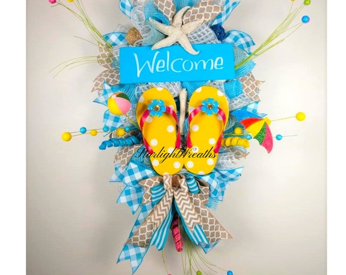 Flip Flops Welcome Beach Mesh Swag Wreath, Summer Front Door Fun Swag ...