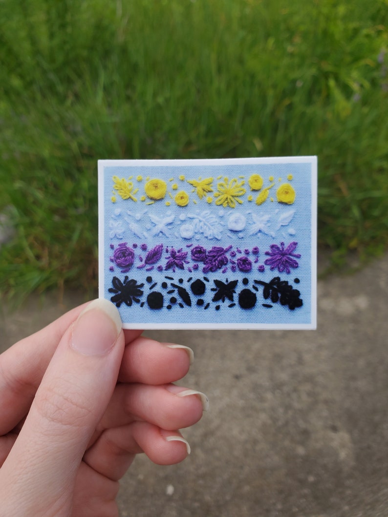 Non Binary Pride Flag Floral Embroidery Vinyl Sticker - 2.5x2 Inches ...