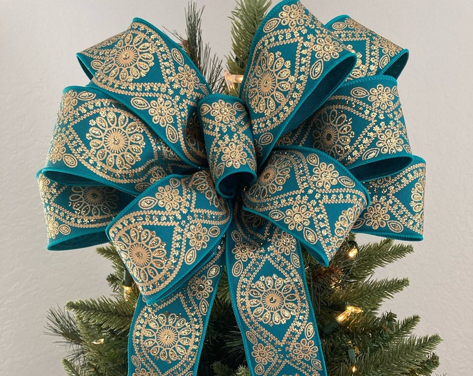 Christmas Dark Teal Wreath Bow / Christmas Tree Topper / Gold and Dark ...