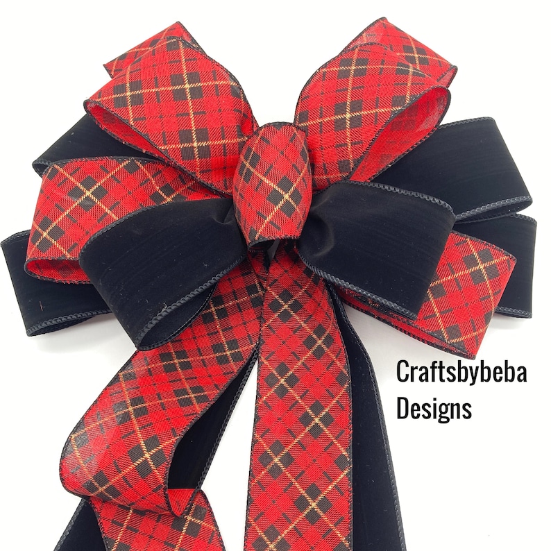 Plaid Velvet Christmas Wreath Bow: Red & Black Scotch Print - Etsy