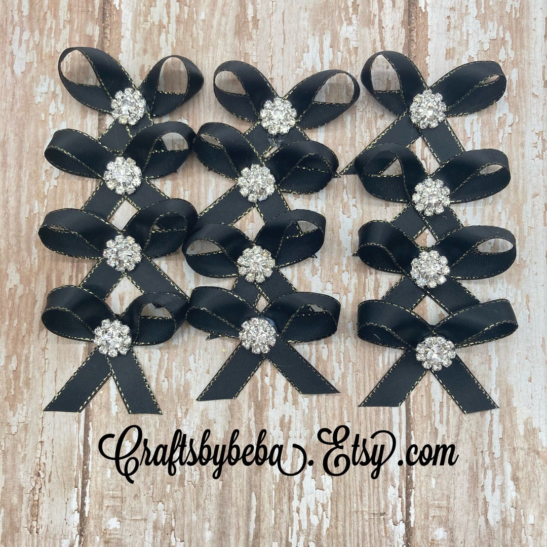 Wedding Black Tiny Bows / Set 12 Bows / Small Black Satin - Rhinestone ...