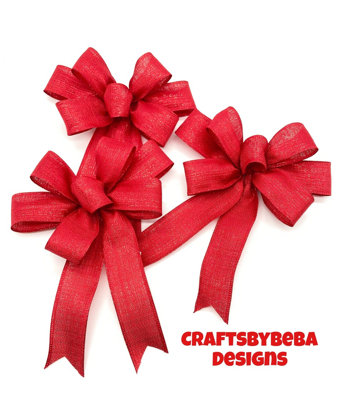 Red Christmas Decorative Bows Set 3 Bows Red Shimmery Christmas