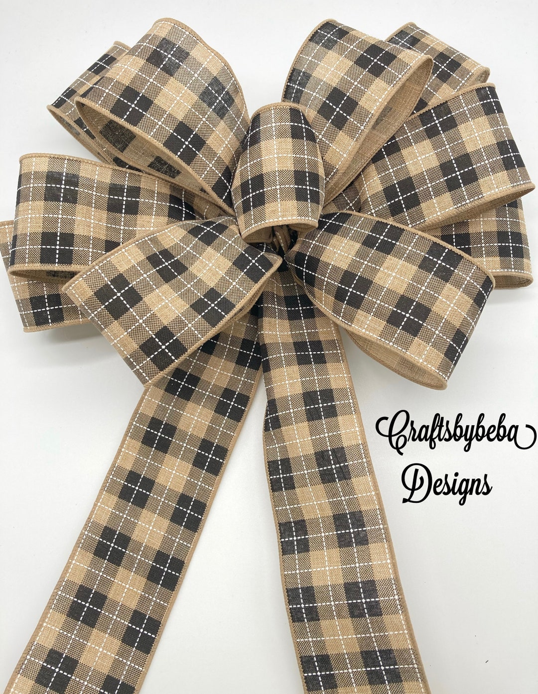 Black and Natural Wreath Bow / Plaid and Rustic Decorative Bow / Black ...