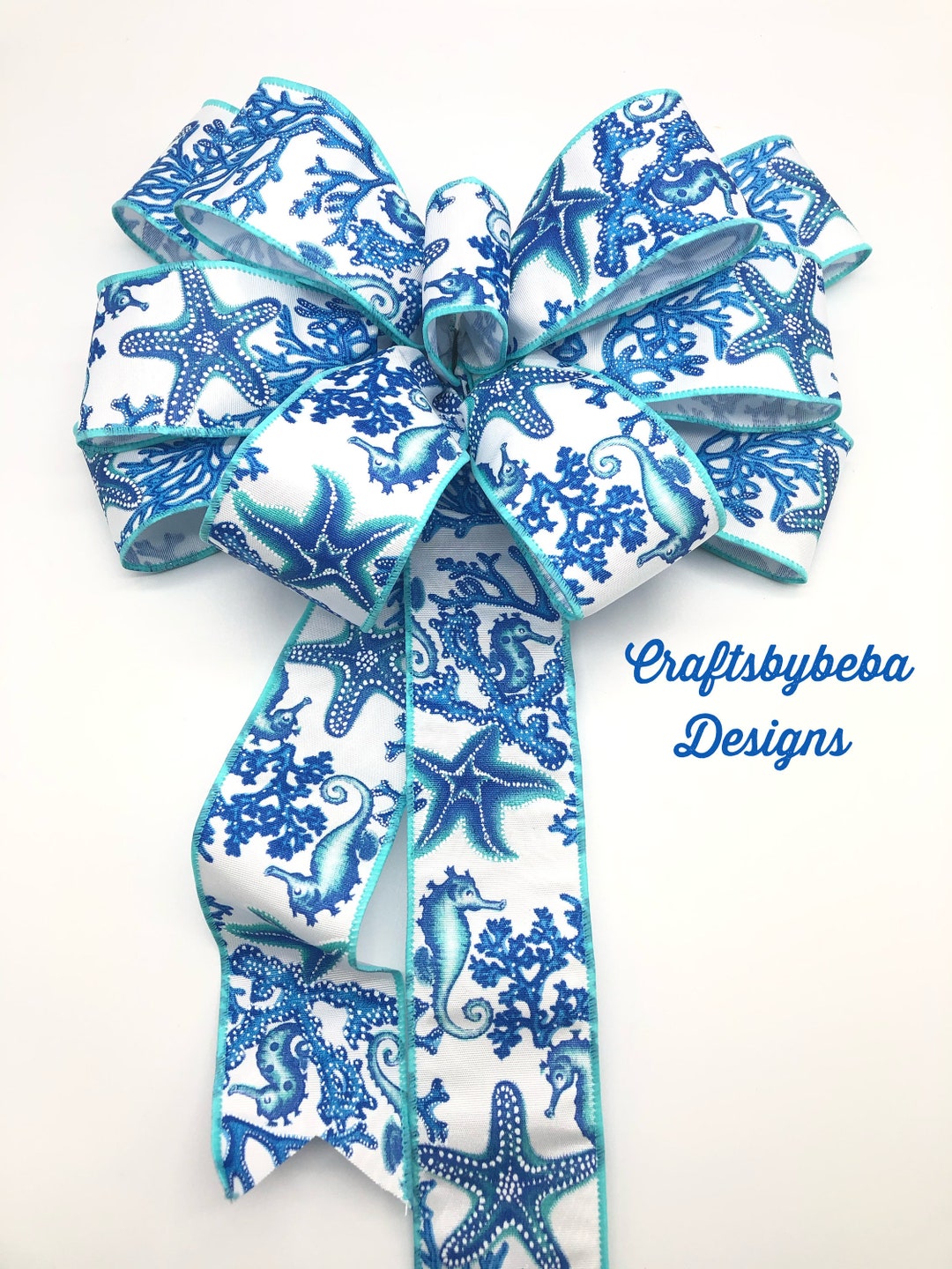 Seahorse, Starfish, Coral Blue Decorative Bow / Blue , Turquoise Summer ...