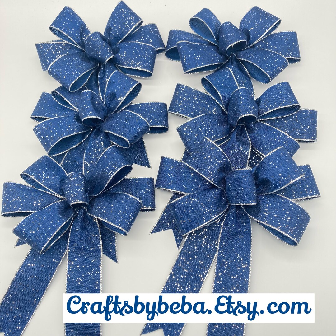 Blue and Silver Christmas Tree Bows / Set 6 Bows / Navy and Silver ...