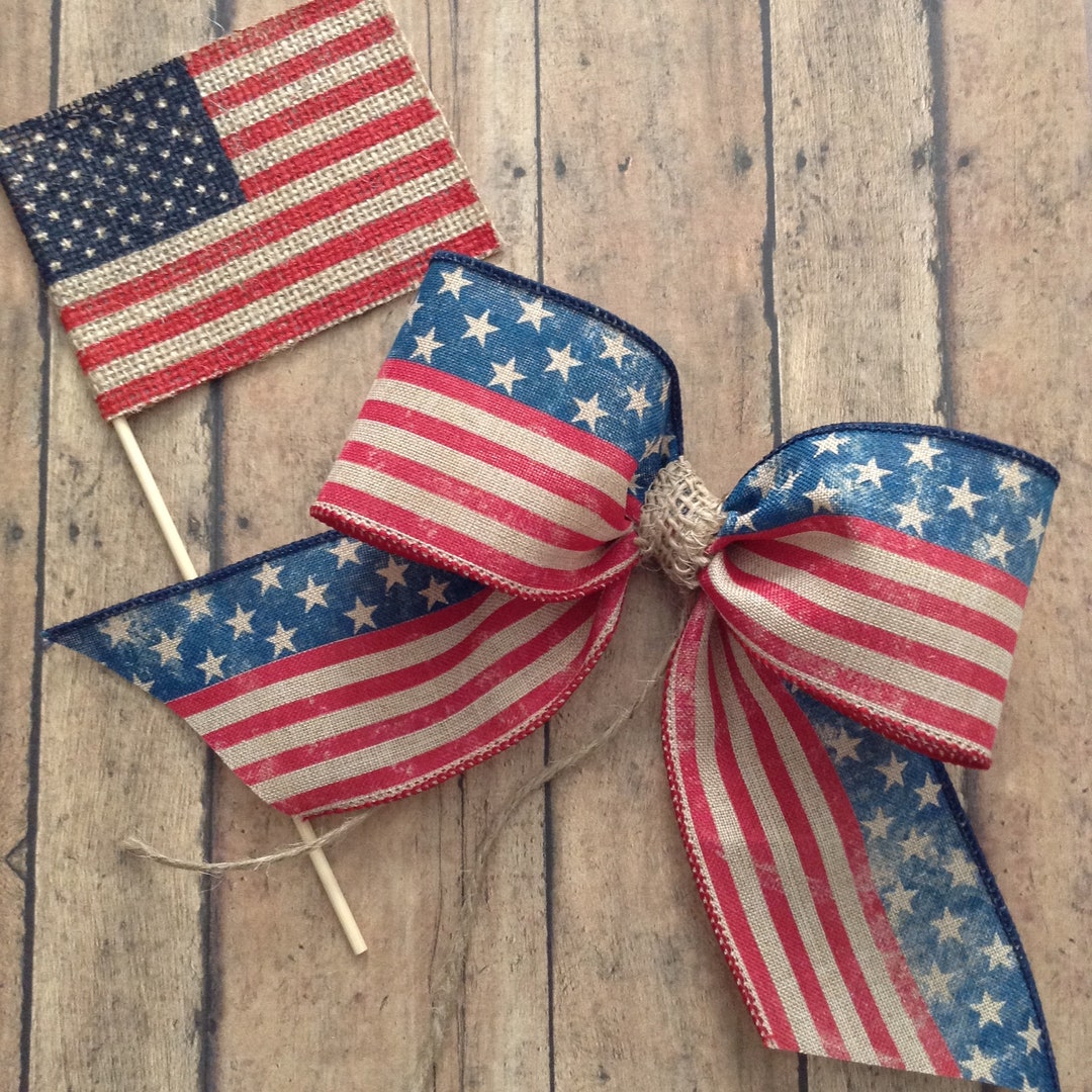 Patriotic Natural Burlap Color Bows / Natural - Red and Blue Deco Bows ...