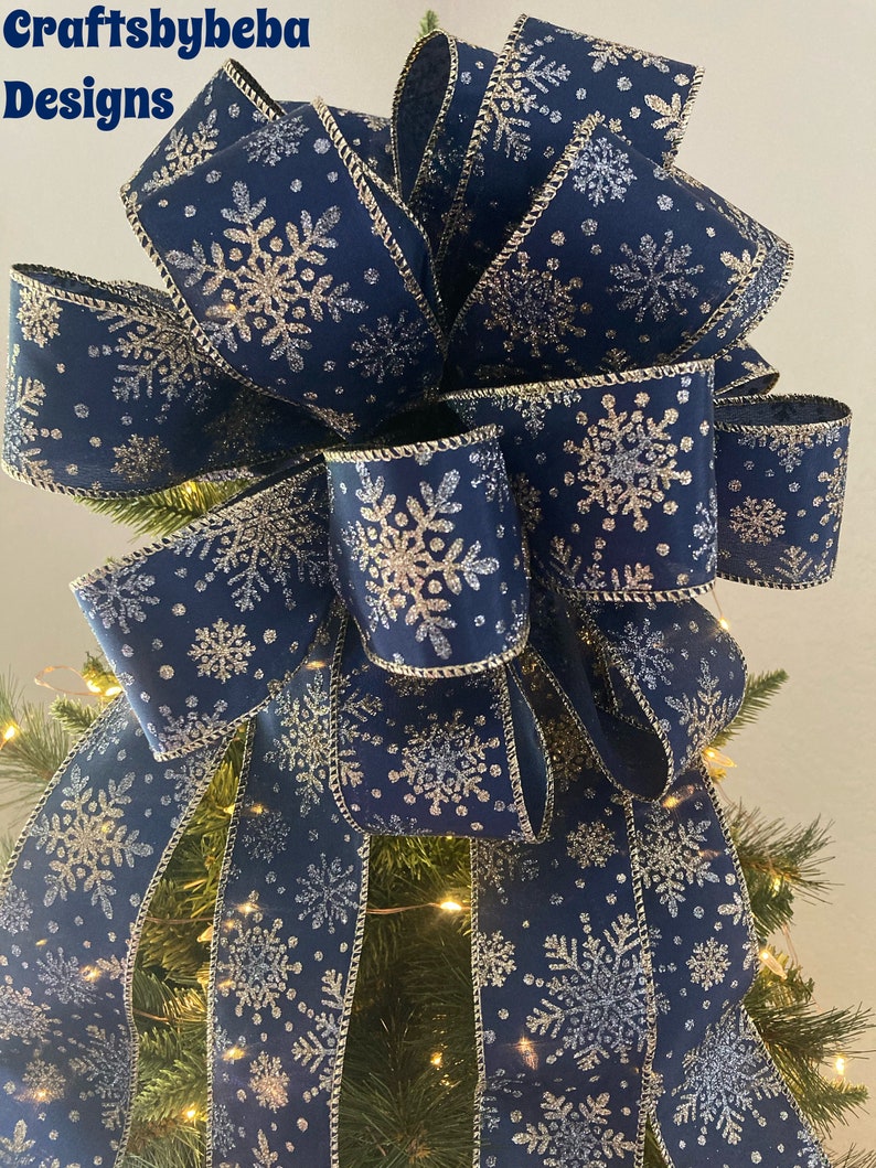 Blue Christmas Tree Topper Bow: Gold Glitter Snowflakes, Wired Ribbon ...