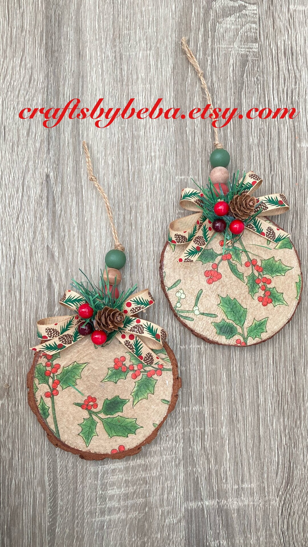 Christmas Wood Log Ornaments / Christmas Holly Berry Rustic - Etsy
