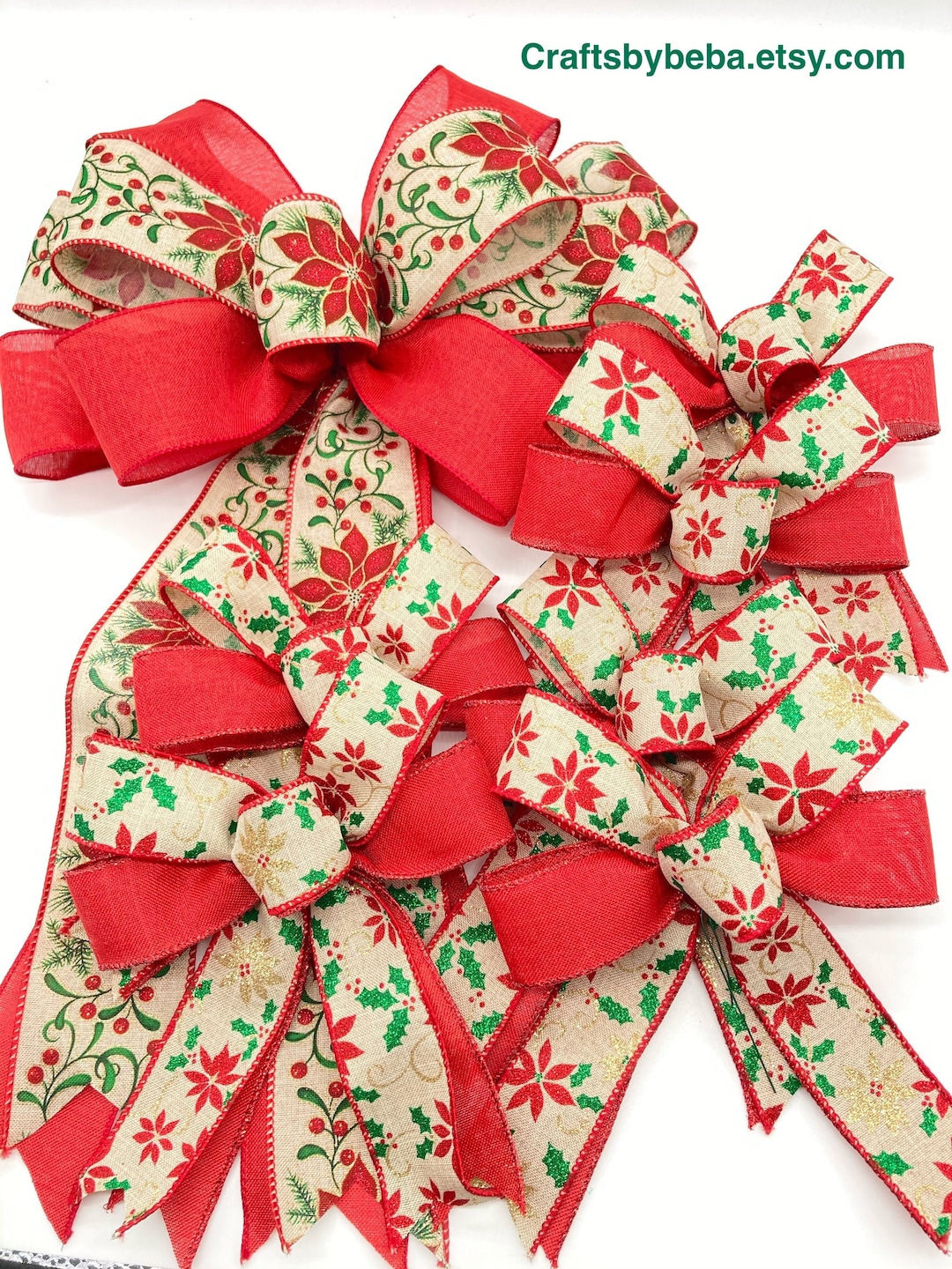 Christmas Tree Decorative Bows / Set 7 Bows / Tree Topper / Xmas Small ...