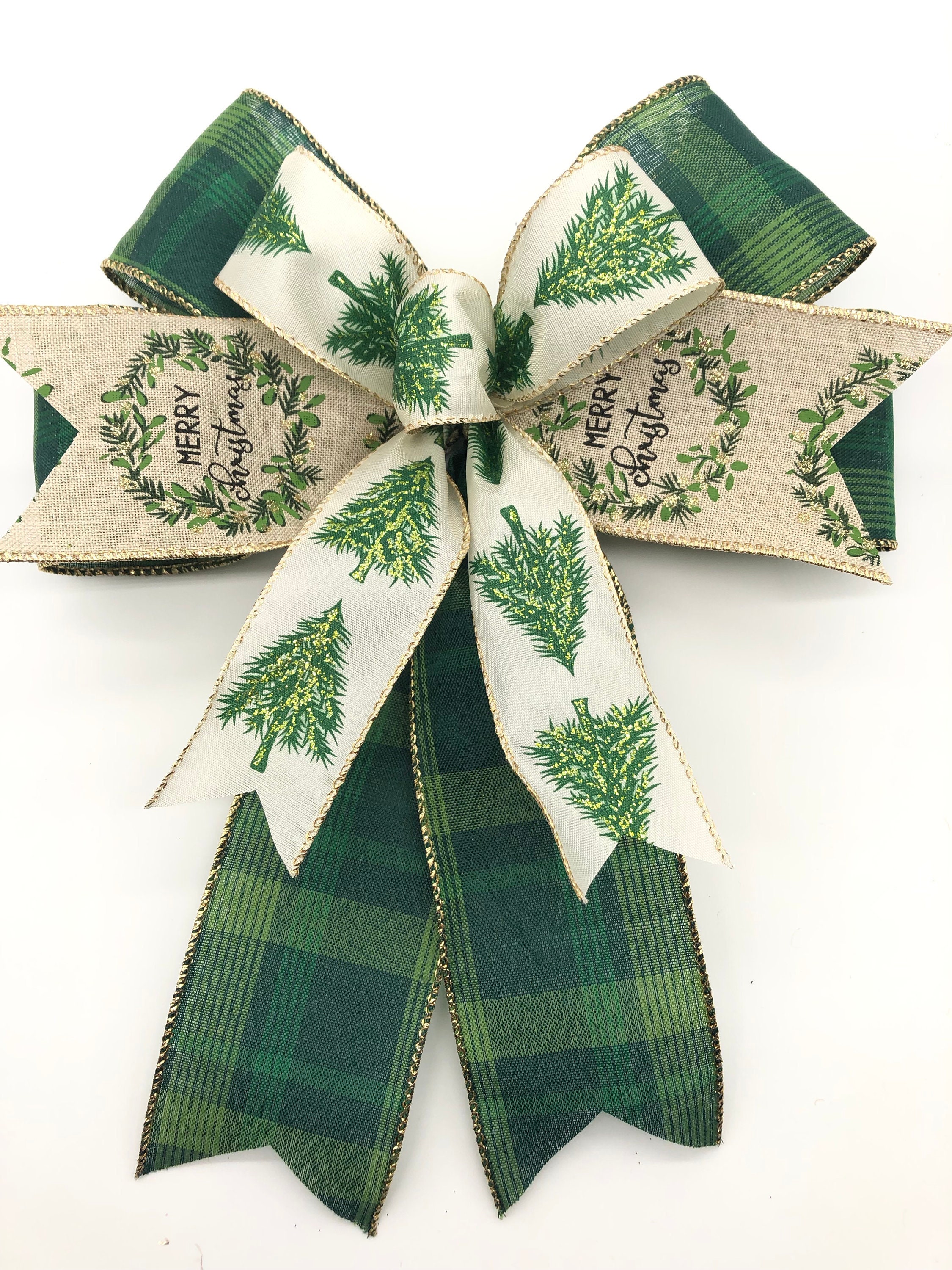 Christmas Tree Bows: Green Plaid Wired Ribbon, Set of 6 - Etsy