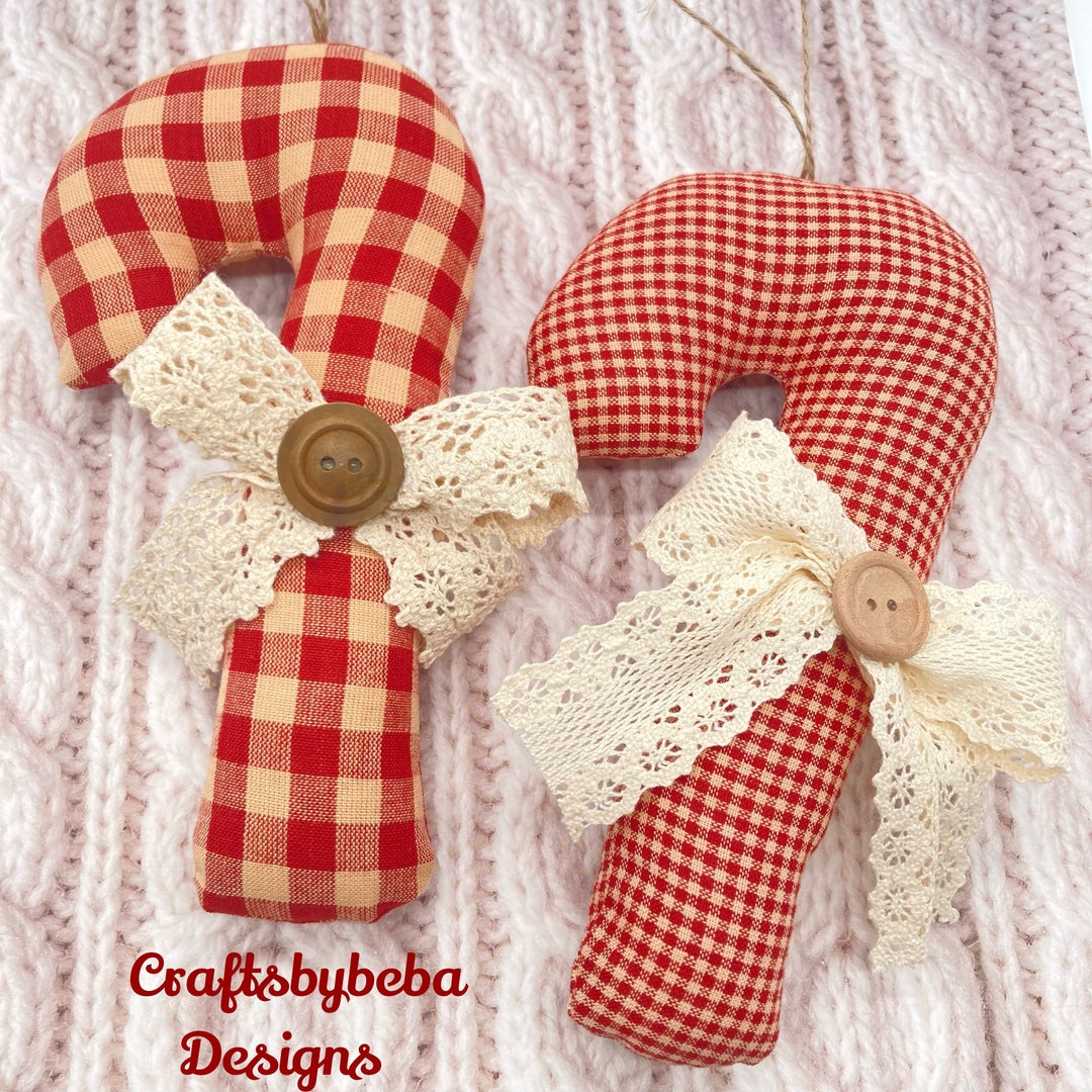 Christmas Fabric Candy Cane / Set 2 Ornaments / Homespun Hanging Candy ...