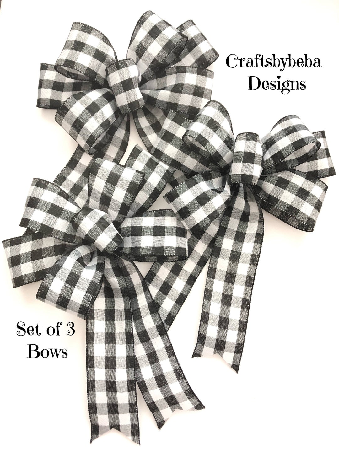 Black and White Plaid Christmas Bows: Set of 3 Buffalo Plaid Tree ...