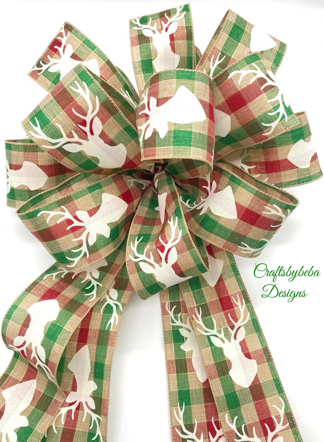 Christmas Tree Topper / Reindeer Christmas Decorative Bows / Xmas Plaid ...