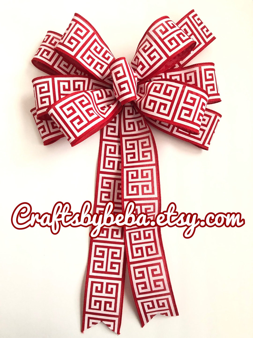 Red and White Wreath Bow / Greek Key Ribbon / Christmas Decorative Bow ...