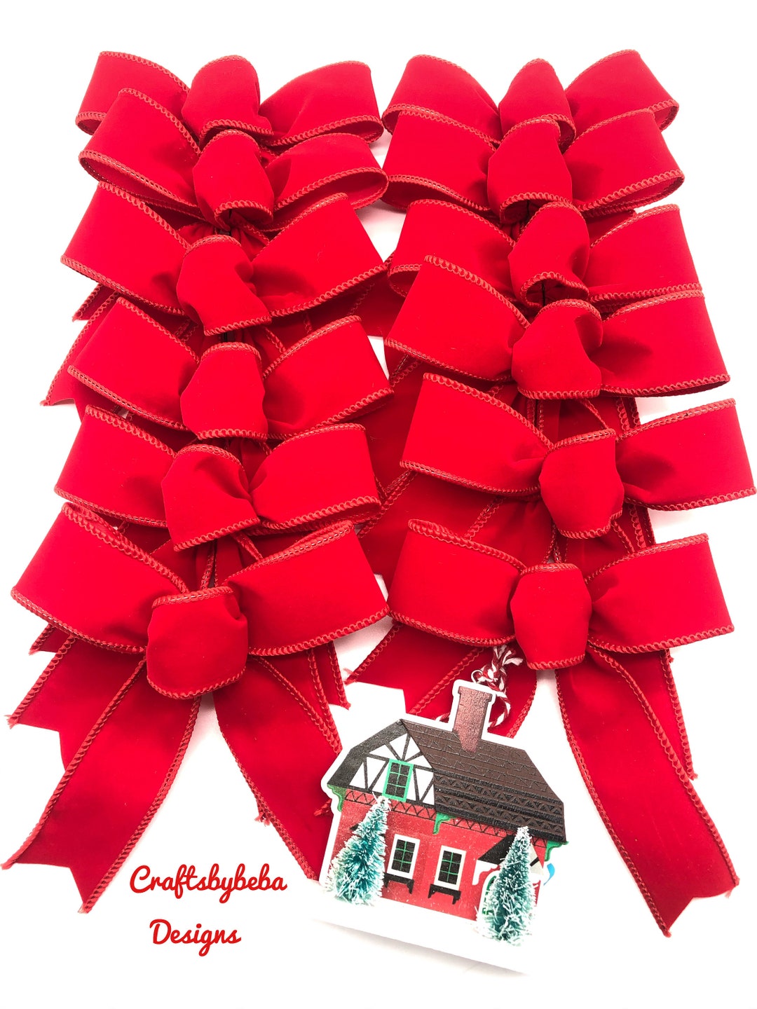 Red Christmas Decorative Bows Set 12 Bows Xmas Red Velvet Bows