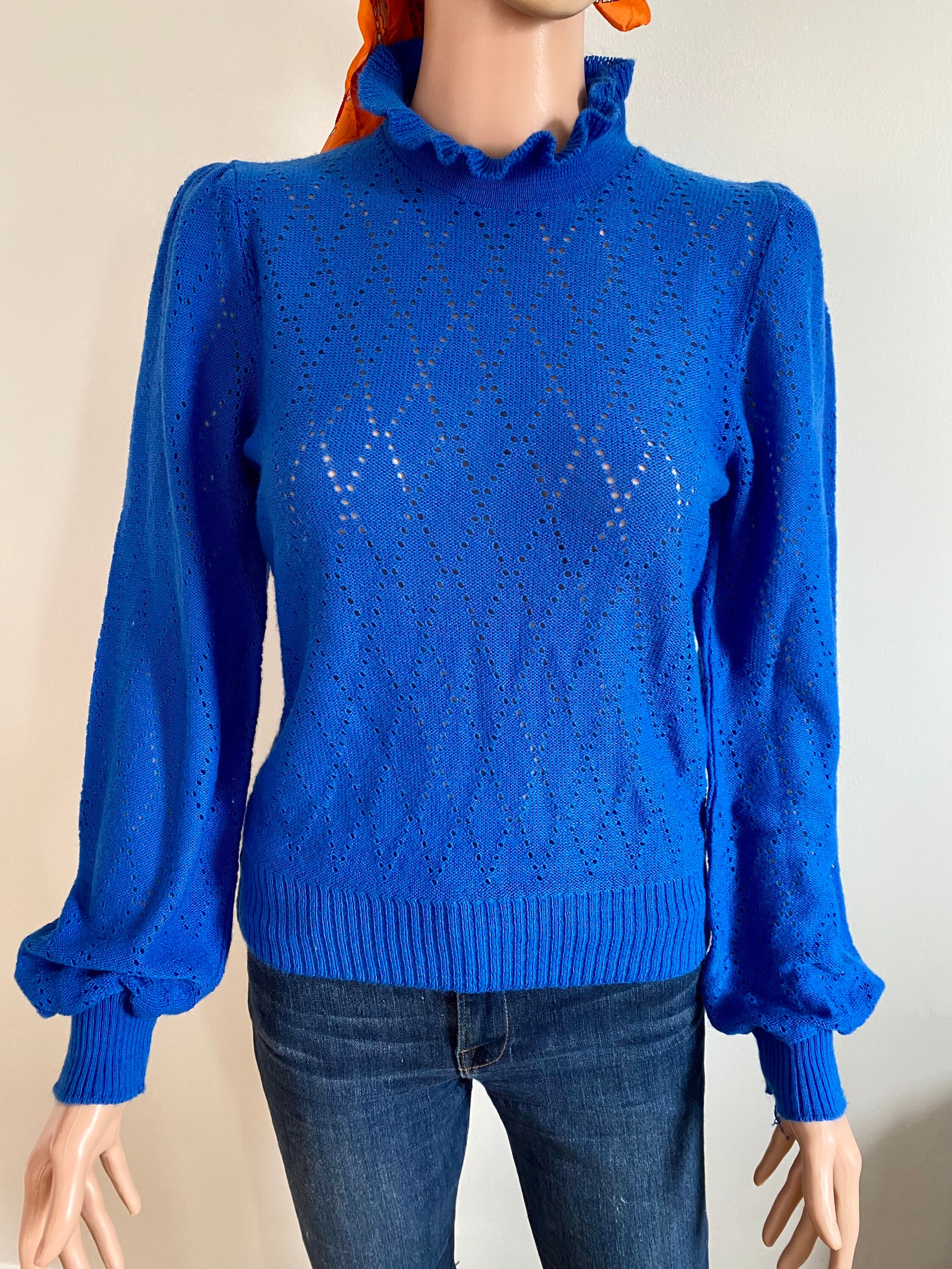 80’s Kenneth Allen Royal Blue Open Knit High Neck Sweater Size M - Etsy