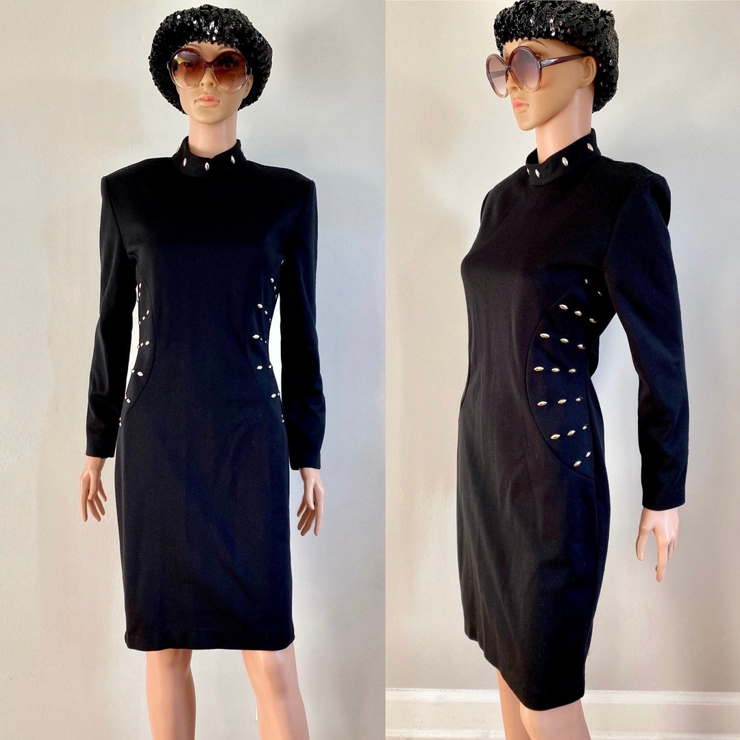 90’s MJ Carroll High Collar Black Body Con Fall/winter Midi Dress With ...