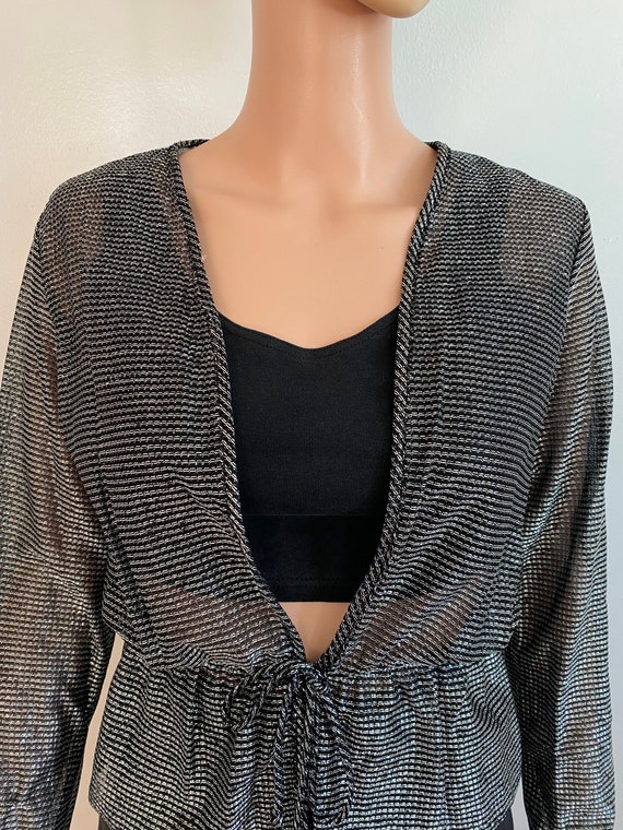 70’s Sheer Silver Metallic and Black Peplum Tie-At-Wa… - Gem