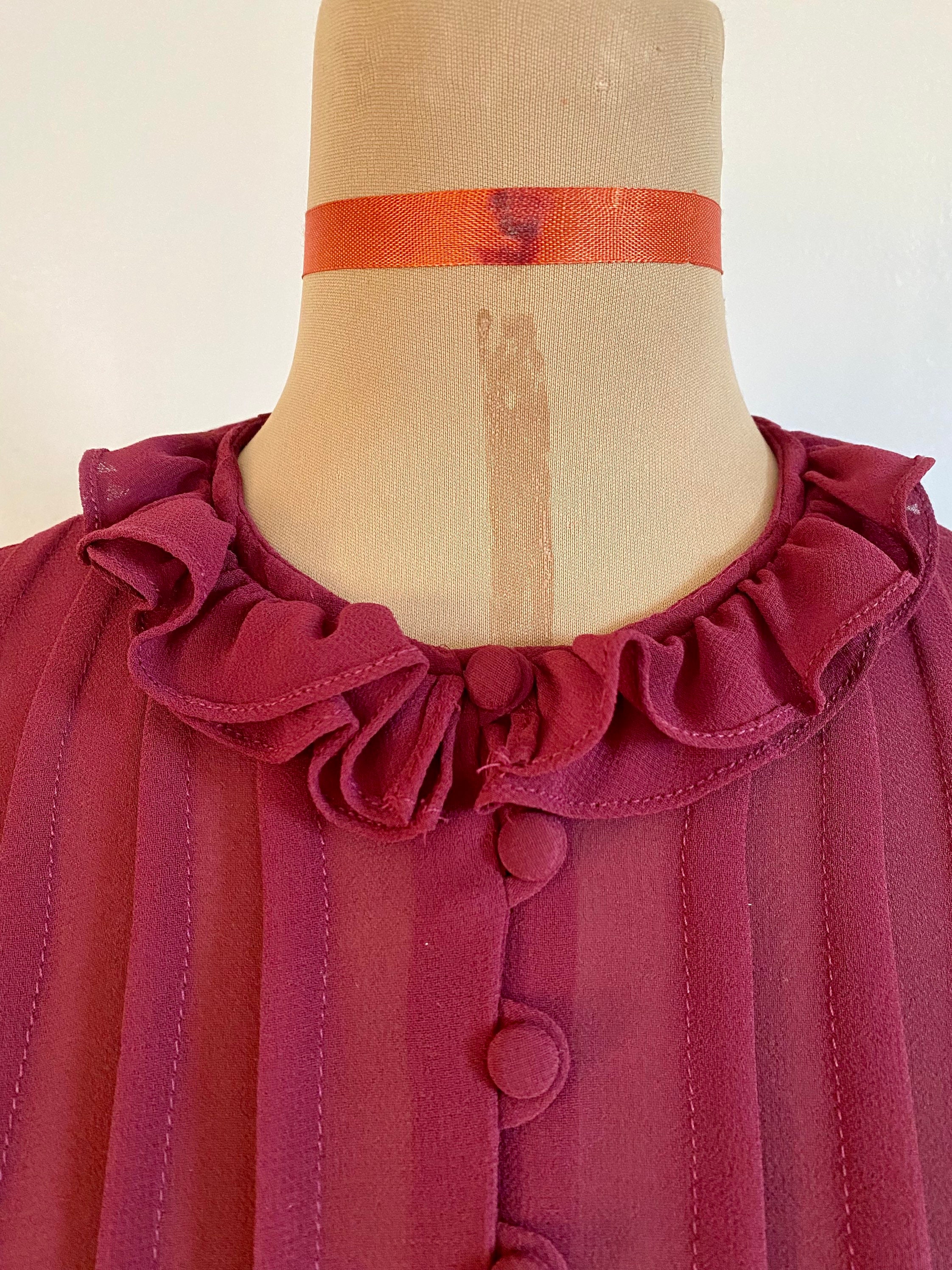 70s/80s Sheer Maroon Burgundy Wine Pleated Ruffled Dress - Etsy